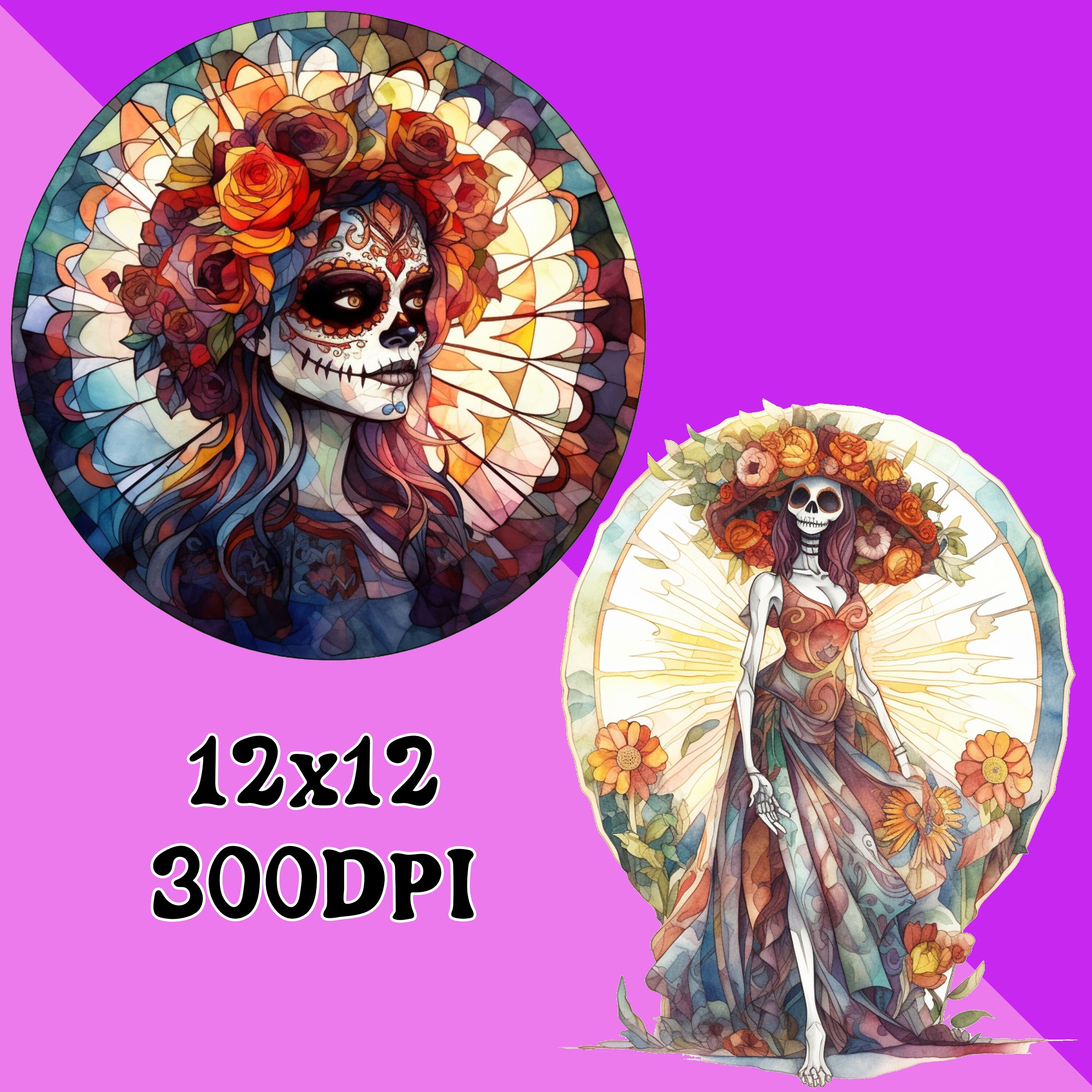 La Calavera Catrina Watercolor Stained Glass Floral Clip Art Digital ...