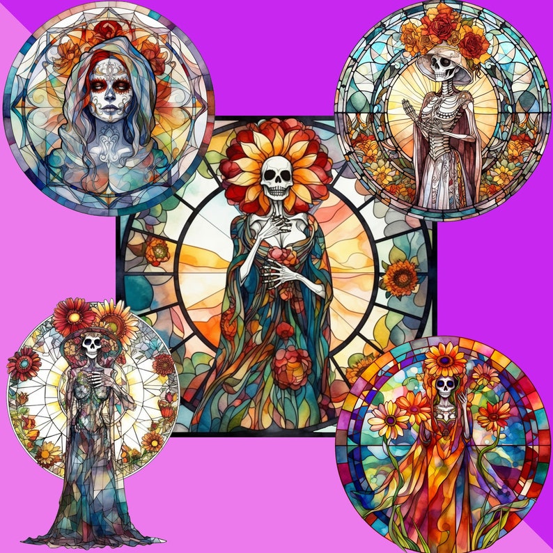 La Calavera Catrina Watercolor Stained Glass Floral Clip Art Digital ...
