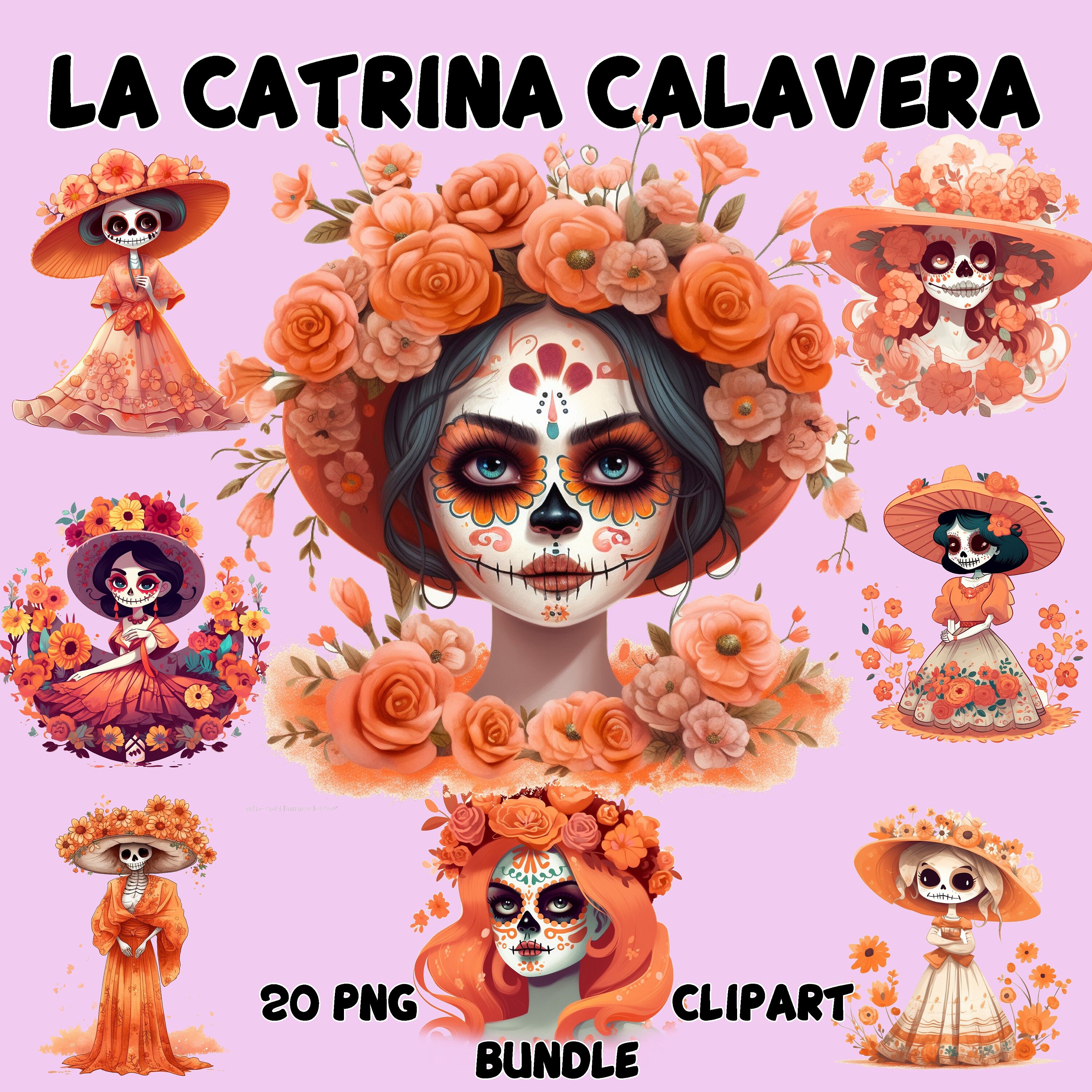 La Calavera Catrina Cute Peach Orange Floral Digital Art Bundle PNG - Etsy