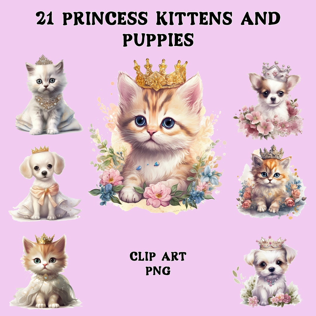 Princess Puppy and Kitten Clipart Bundle, Pink Flowers, Cute Little ...