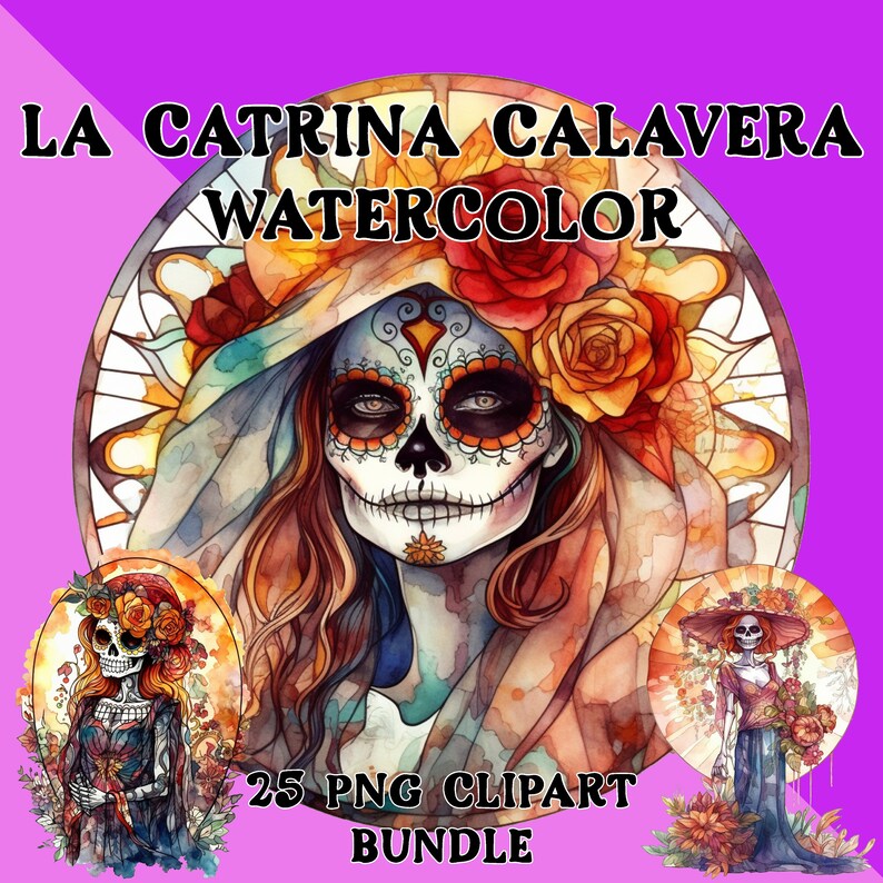 La Calavera Catrina Watercolor Stained Glass Floral Clip Art Digital ...