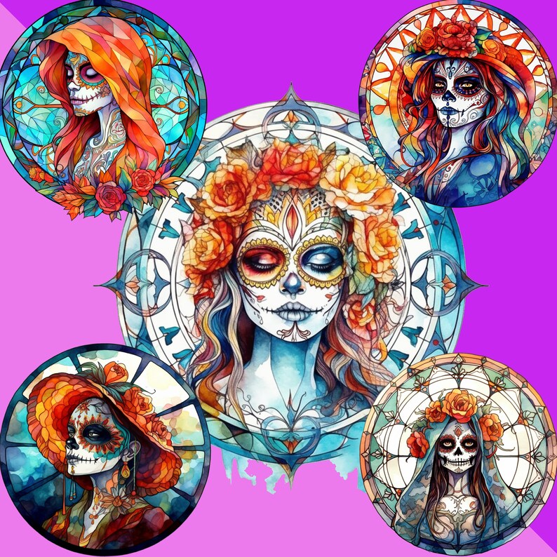 La Calavera Catrina Watercolor Stained Glass Floral Clip Art Digital ...