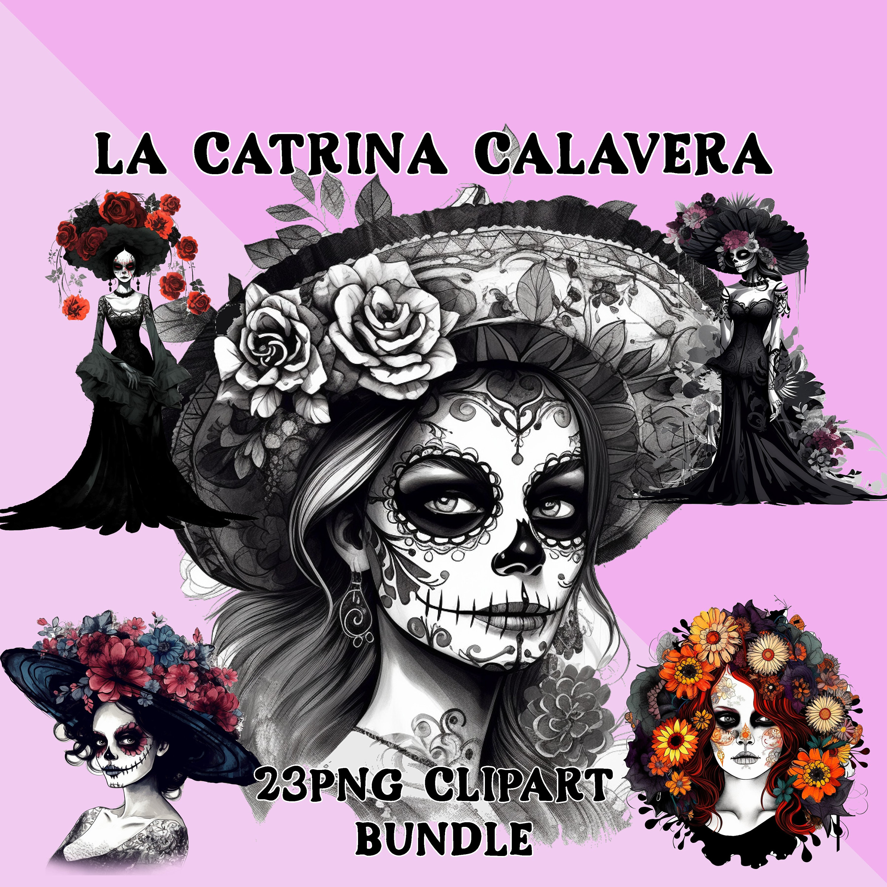 La Calavera Catrina Black Floral Clip Art Digital Bundle PNG - Etsy