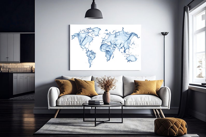 Tranquil Aqua World Map Canvas Print Oceanographic Artwork, Coastal ...