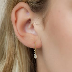 Dangling Hoop Earrings in Gold, Dainty Diamond Charm Earrings ...