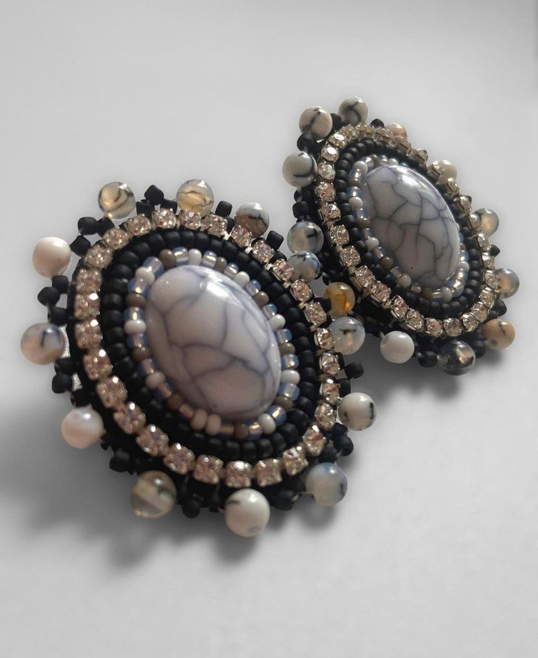 Indigenous Beaded Earrings - Marble Studded Handmade Beadwork - Unique ...