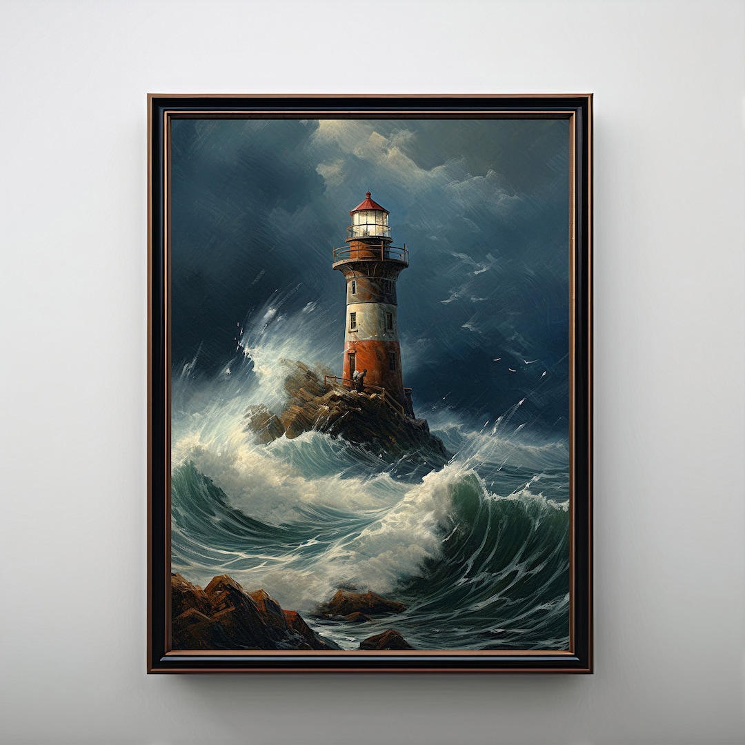 Lighthouse Oil Painting Stormy Sea Art Print Digital - Etsy
