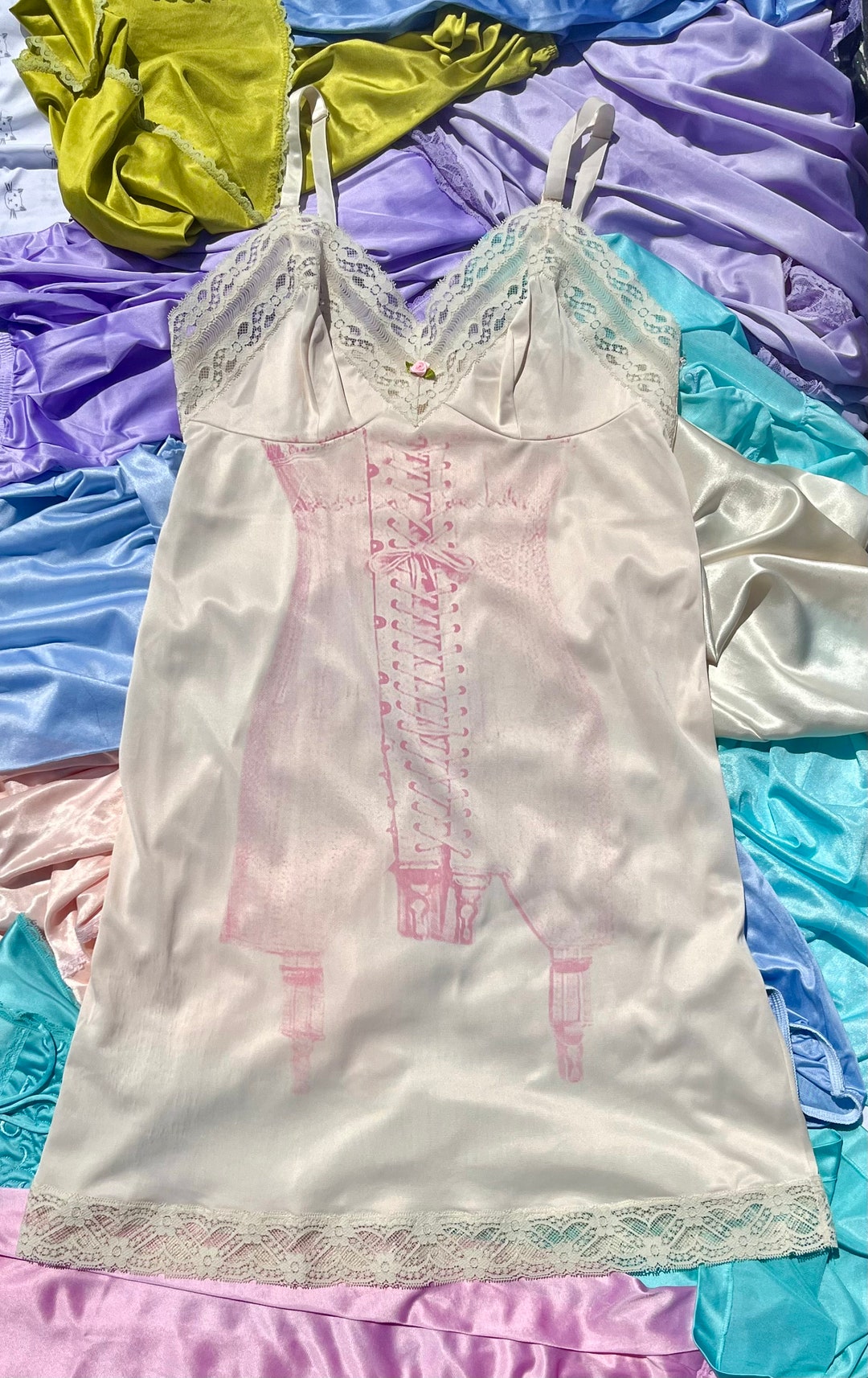 Vintage Slip Dress W/ Lace and Corset Design Screenprinted - Etsy