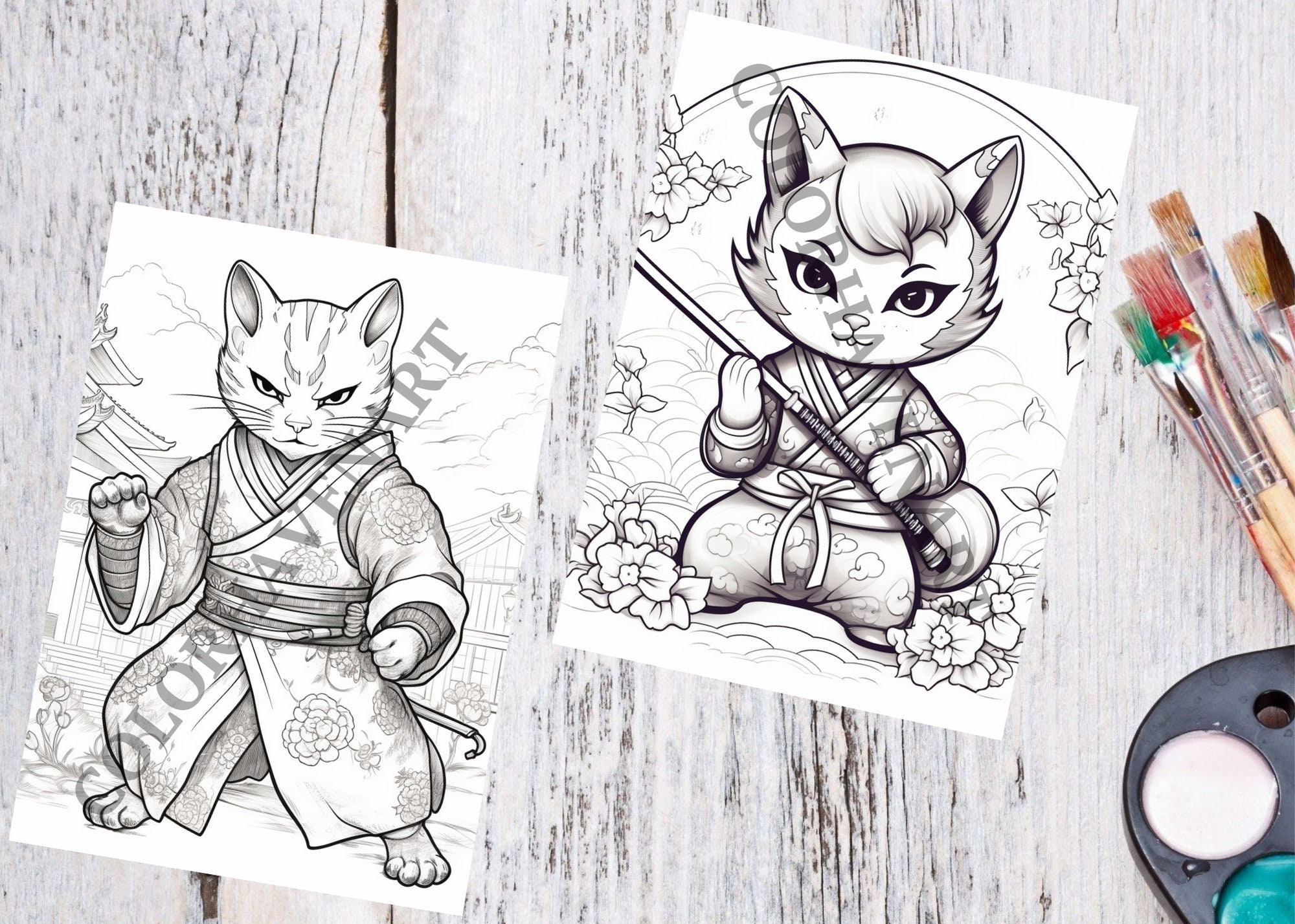 Samurai Cat Coloring 50 Page Printable PDF Instant Download - Etsy