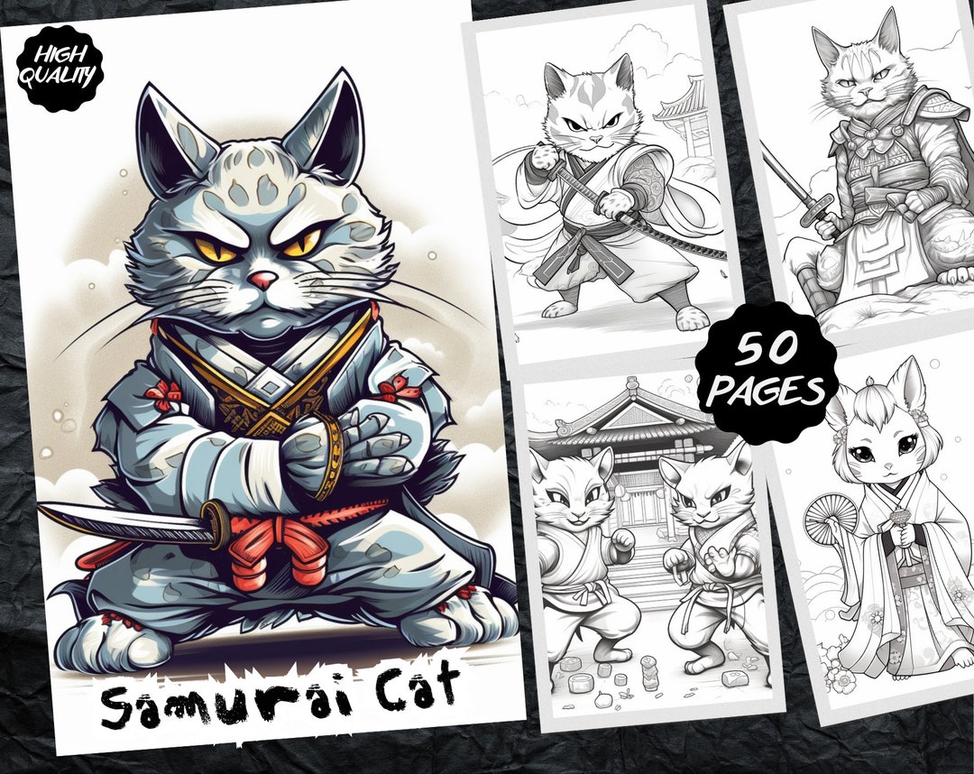 Samurai Cat Coloring 50 Page Printable PDF Instant Download - Etsy