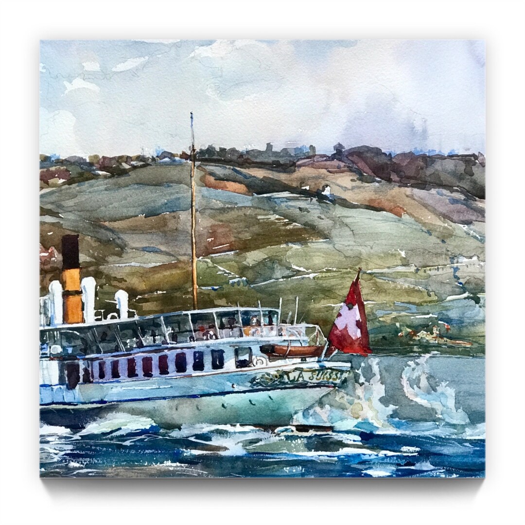 Artwork WATERCOLOR Swiss Boat Real Painting Switzerland Artist Bright ...