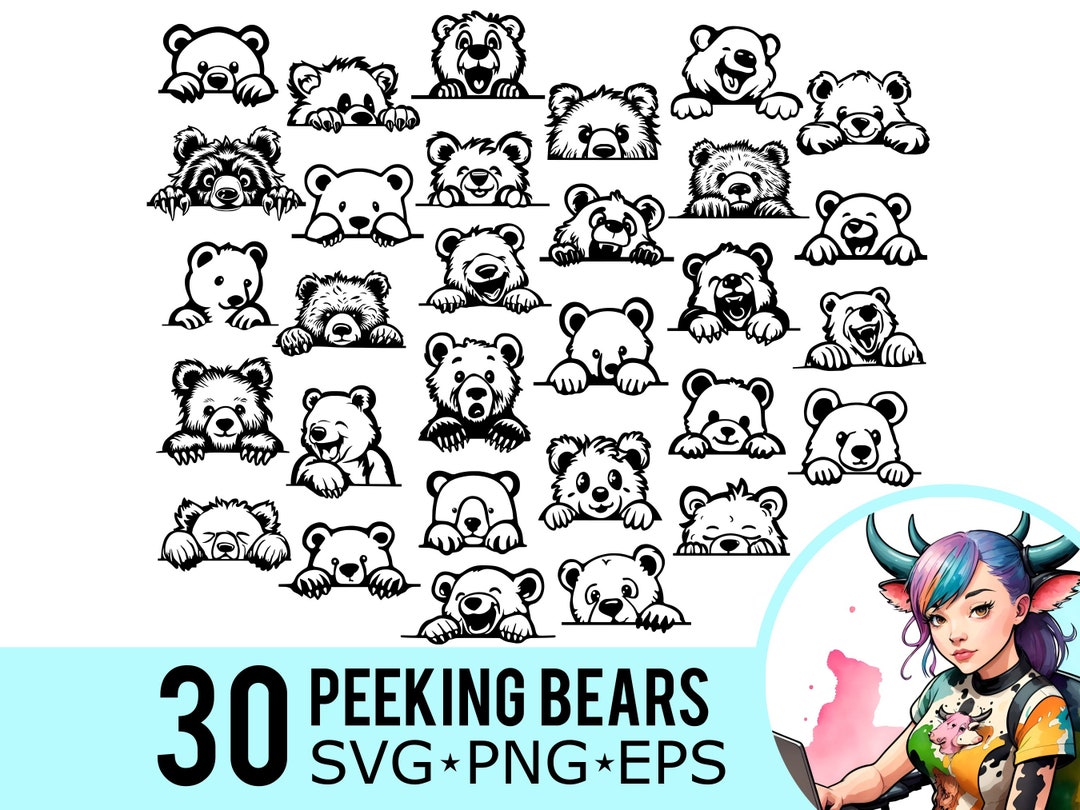 Peeking Bear SVG PNG EPS Clipart, Bears Face Silhouette, Cute Wild Bear ...