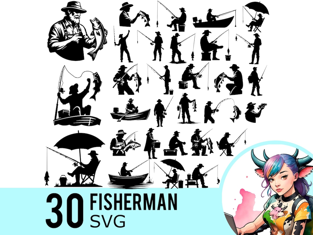 Fishing SVG Clipart: 30 Fisherman Silhouette Templates (instant ...