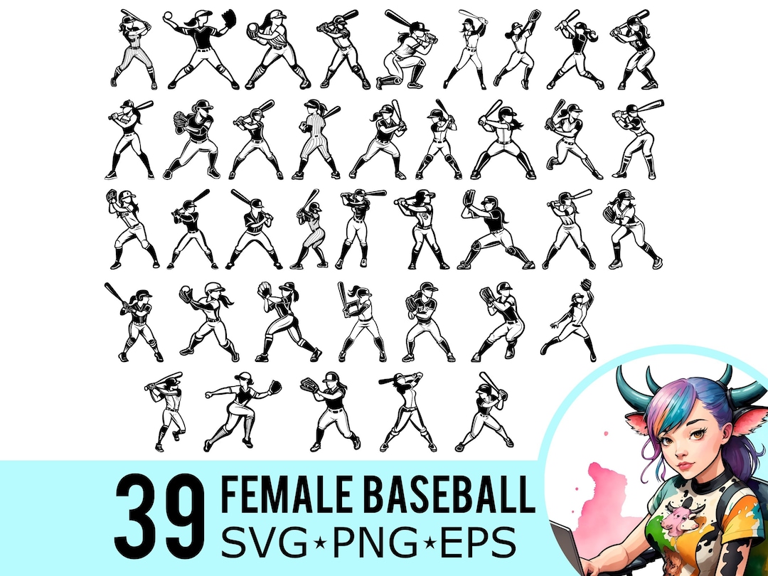 Female Baseball SVG PNG EPS Clipart, Girl Batting Silhouette, Softball ...