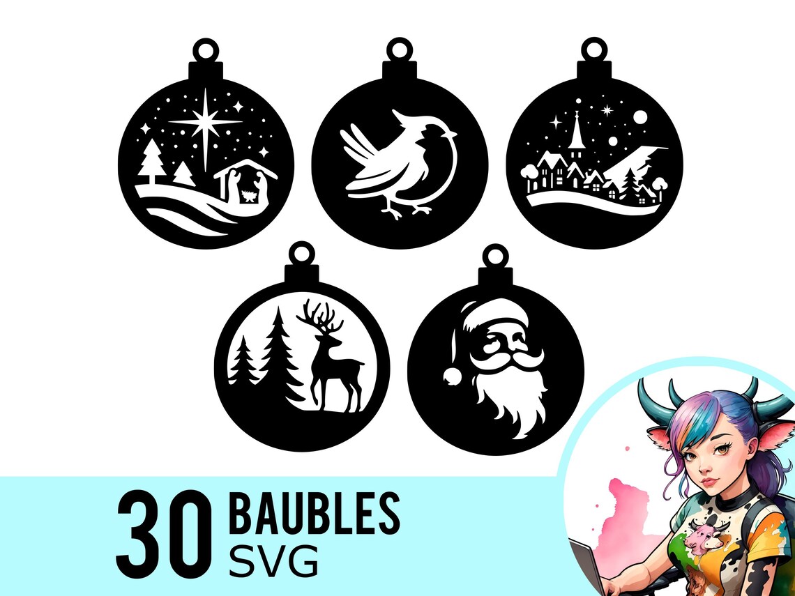 Christmas Baubles SVG Clipart: 30 Ornament Silhouette Bundle (digital ...