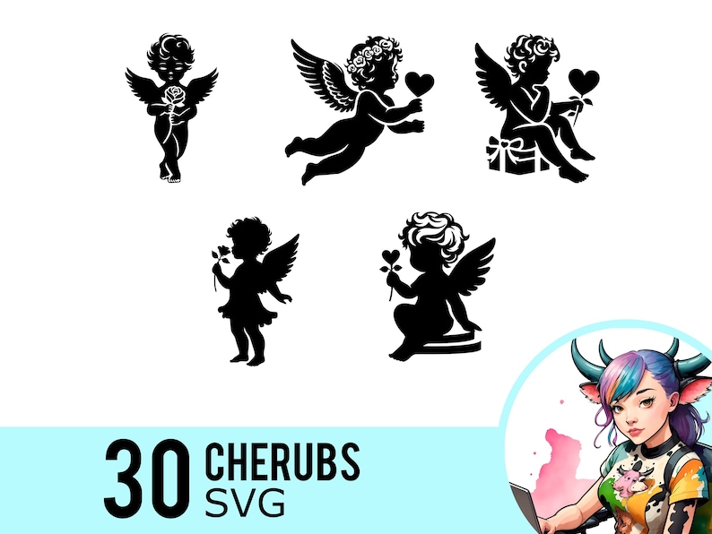 Cherub SVG Clipart: Cupid Silhouette, Angel Cut Files (30 Bundle ...