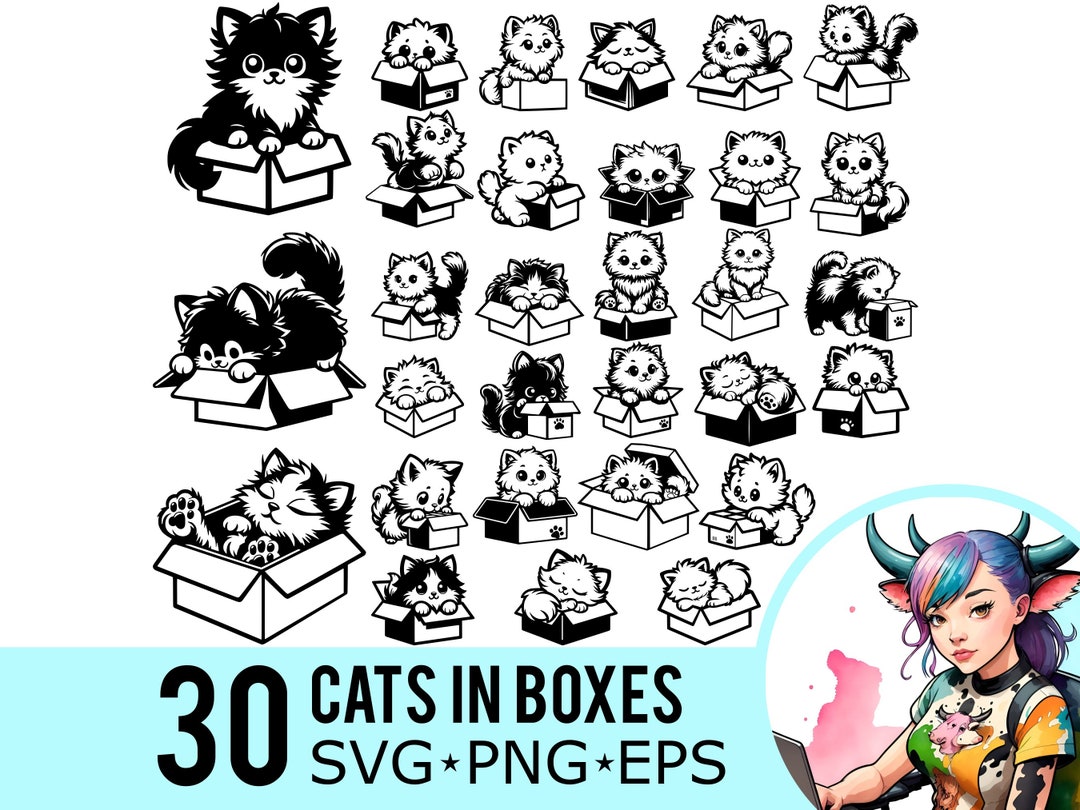 Cat Box SVG PNG EPS Clipart, Cats Love Boxes Silhouette, Cute Funny ...