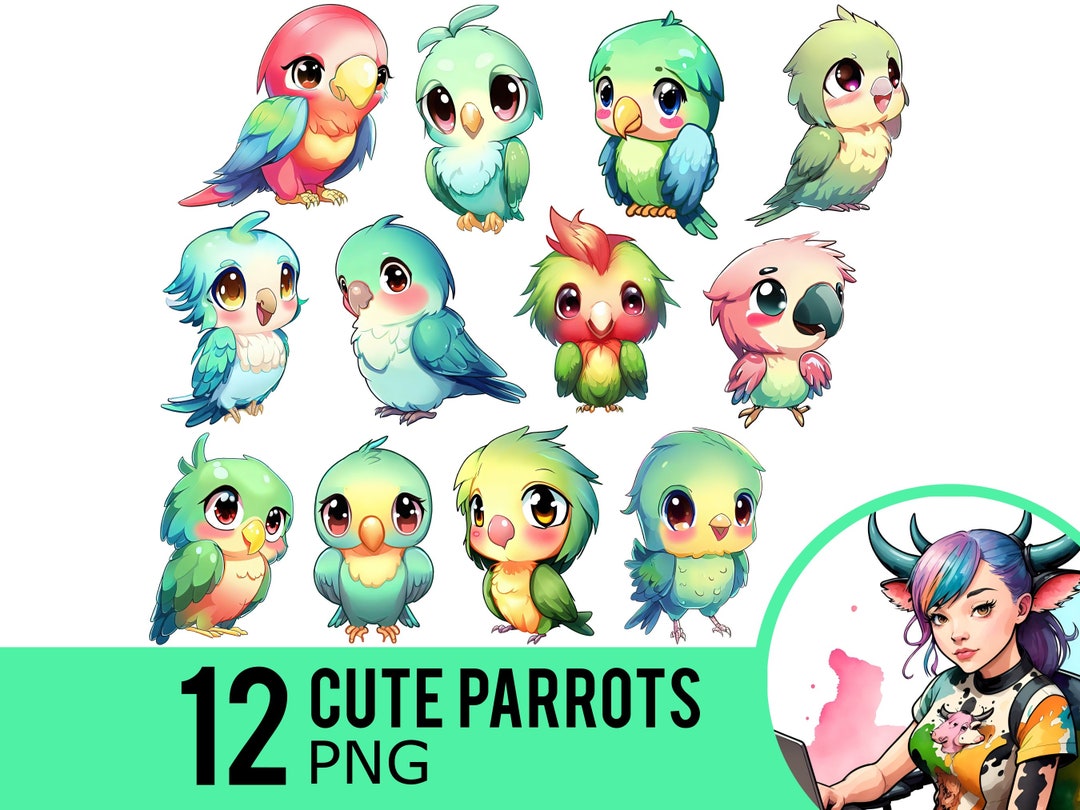 Cute Parrot Clipart PNG, Kawaii Parrots Clip Art, Anime Parakeets PNG ...