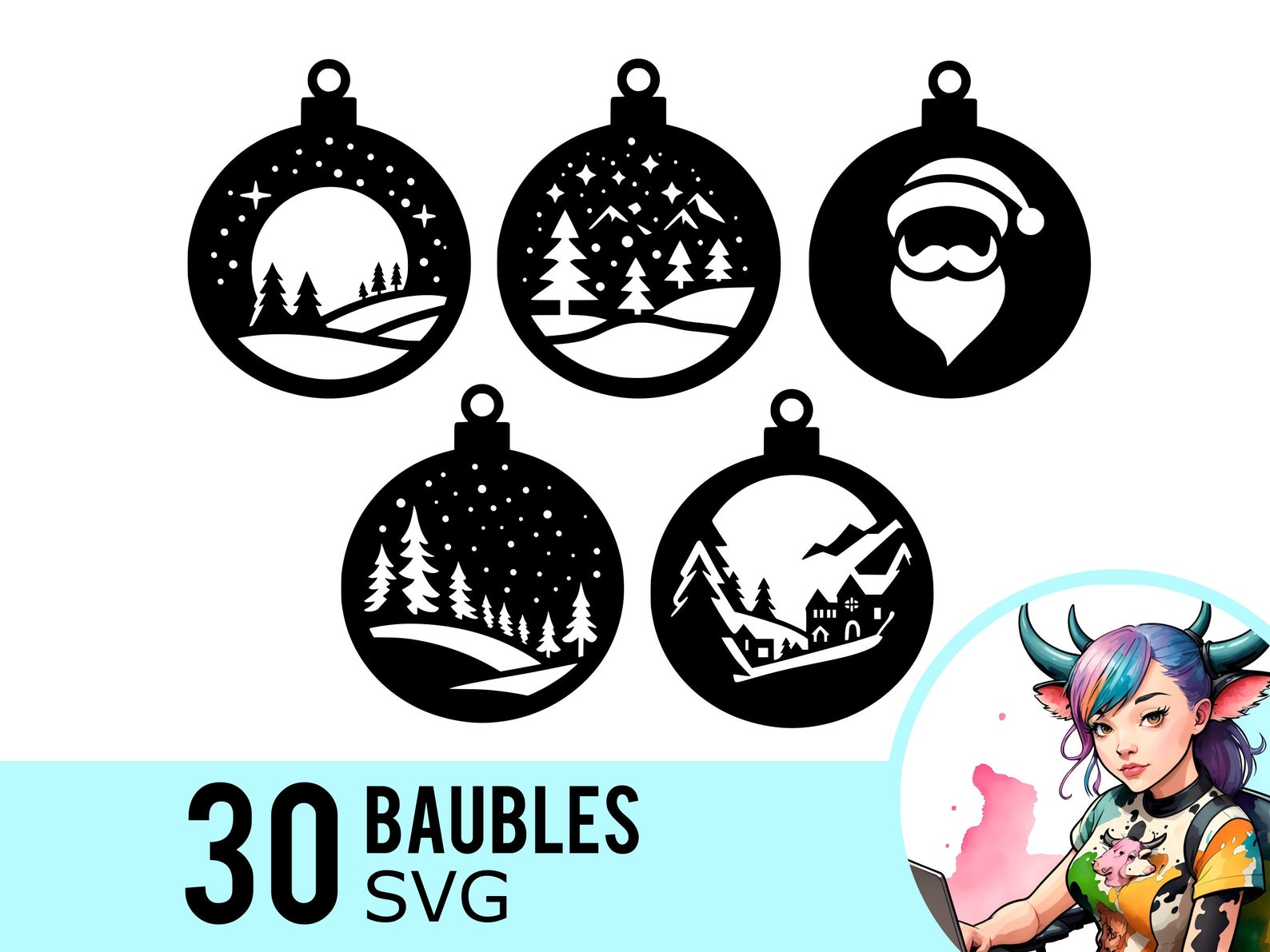 Christmas Baubles SVG Clipart: 30 Ornament Silhouette Bundle (digital ...