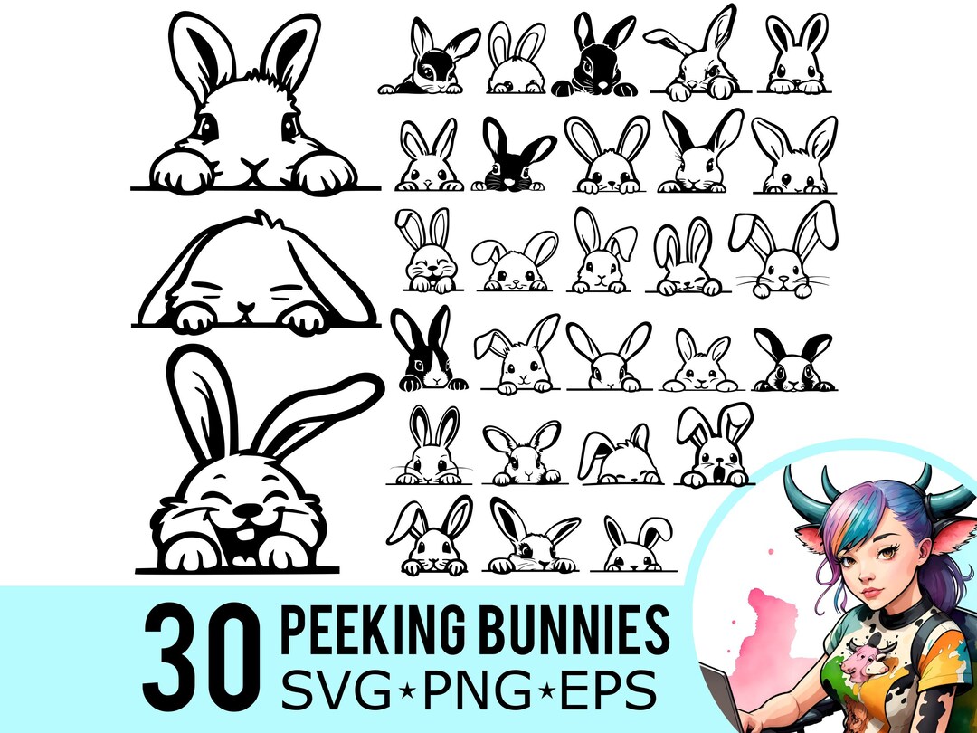 Peeking Bunny Clipart: 30 Easter Rabbit Silhouette Templates (SVG PNG ...