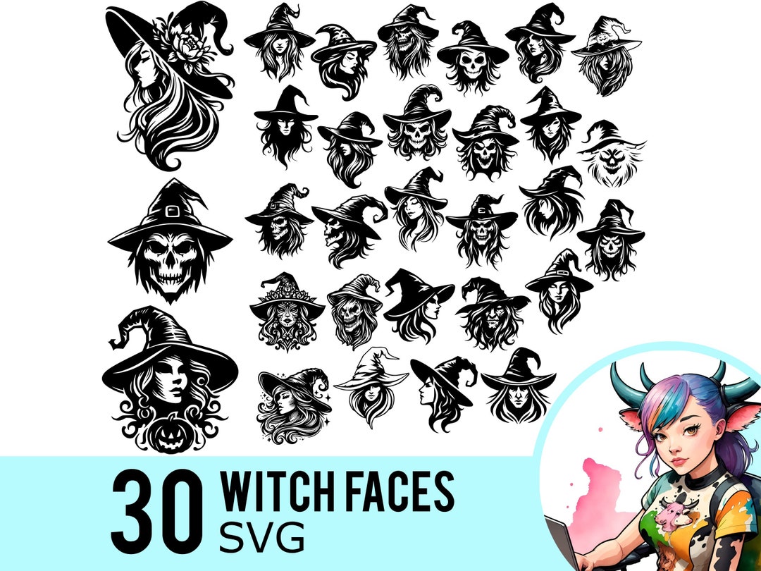 Witch Face SVG Clipart, Witches Faces Silhouette, Spooky Halloween ...