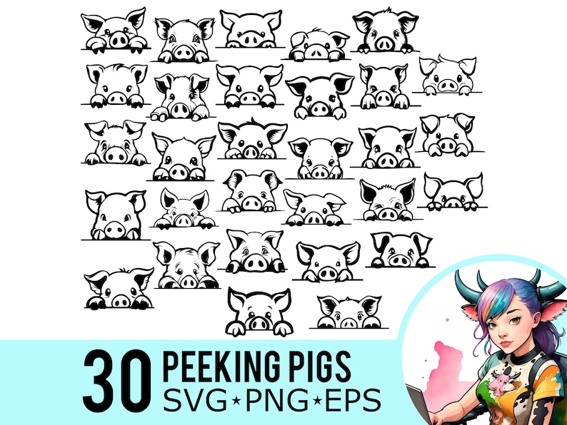 Peeking Pig SVG PNG EPS Clipart, Piglet Face Silhouette, Farm Animals ...