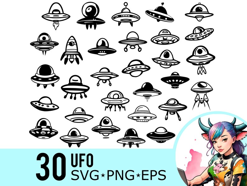 UFO SVG Clipart: Spacecraft Silhouette, Alien Vector (30 Bundle ...