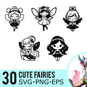 Cute Fairy SVG PNG EPS Clipart, Cartoon Fairies Silhouette, Fantasy ...