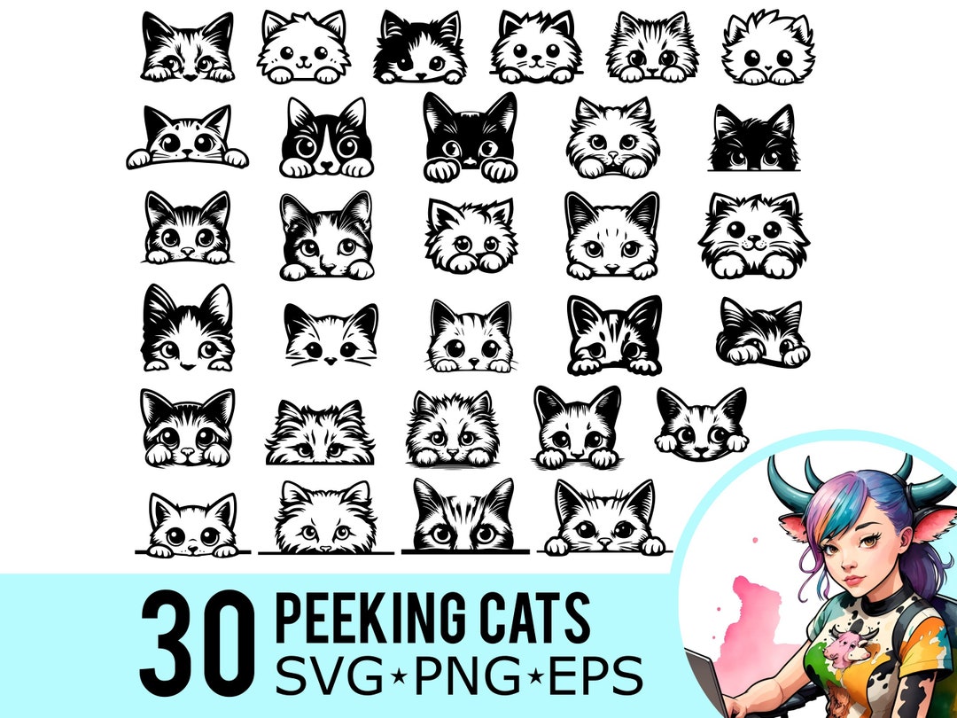 Peeking Cats SVG PNG EPS Clipart, Peeking Kitten Silhouette, Peeking ...