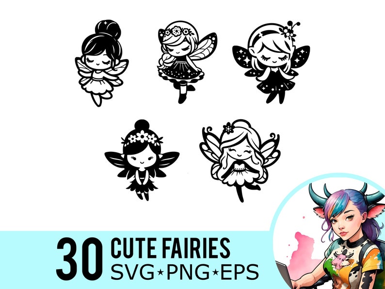 Hada linda SVG PNG EPS Clipart, silueta de hadas de dibujos animados ...