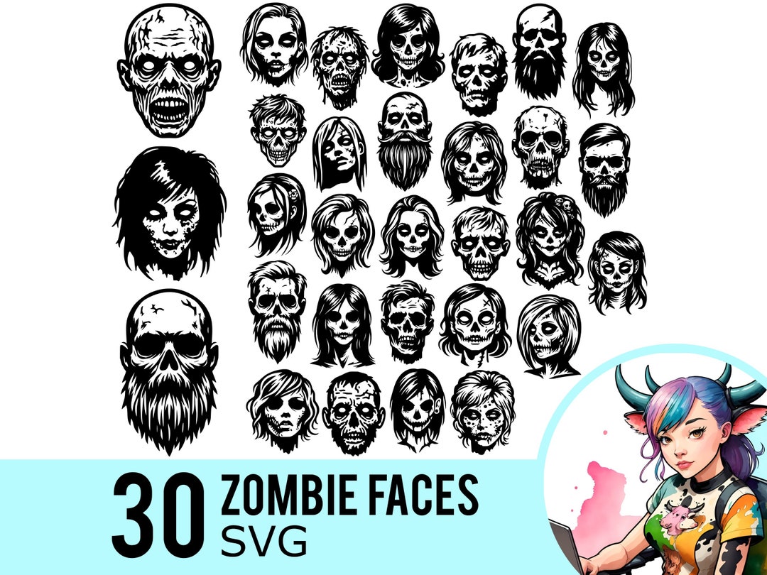 Zombie Face SVG Clipart, Zombies Faces Silhouette, Undead Horror ...
