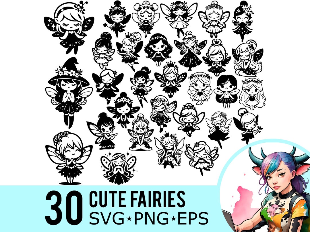 Cute Fairy SVG PNG EPS Clipart, Cartoon Fairies Silhouette, Fantasy ...