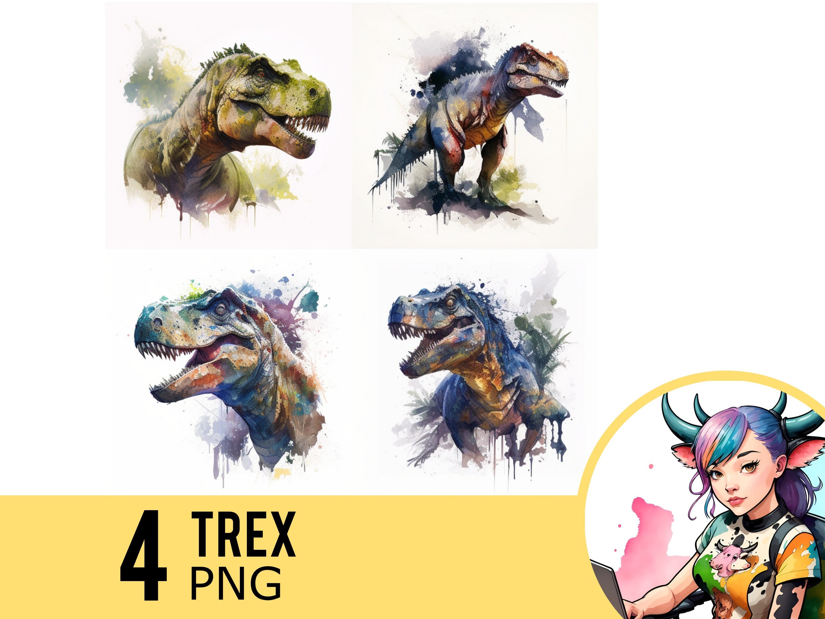 Trex Watercolor PNG Clipart Tyrannosaurus Portrait PNG - Etsy