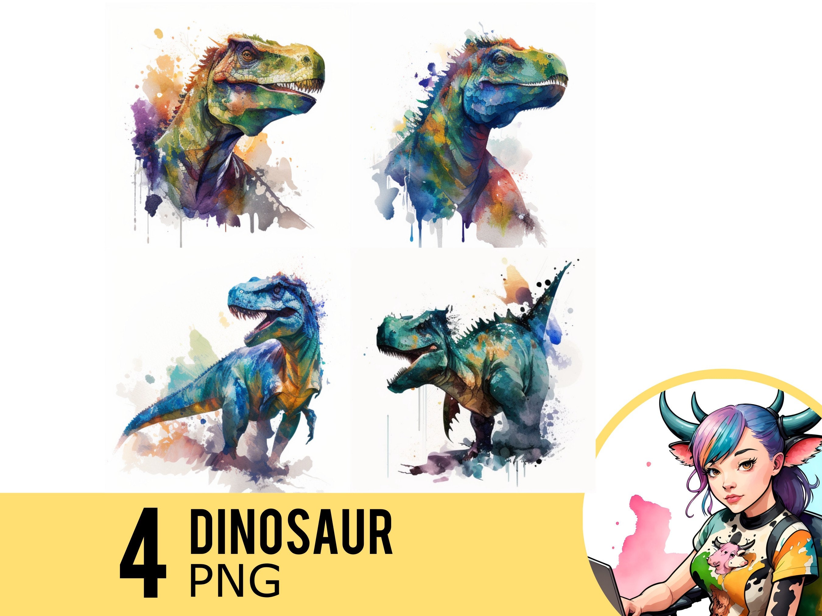 Dinosaur Watercolor PNG Clipart Tyrannosaurus Portrait PNG - Etsy