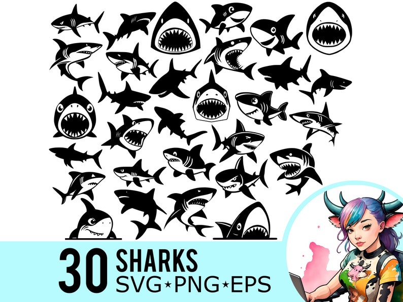 Shark SVG PNG EPS Clipart, Great White Silhouette, Peeking Sharks Face ...