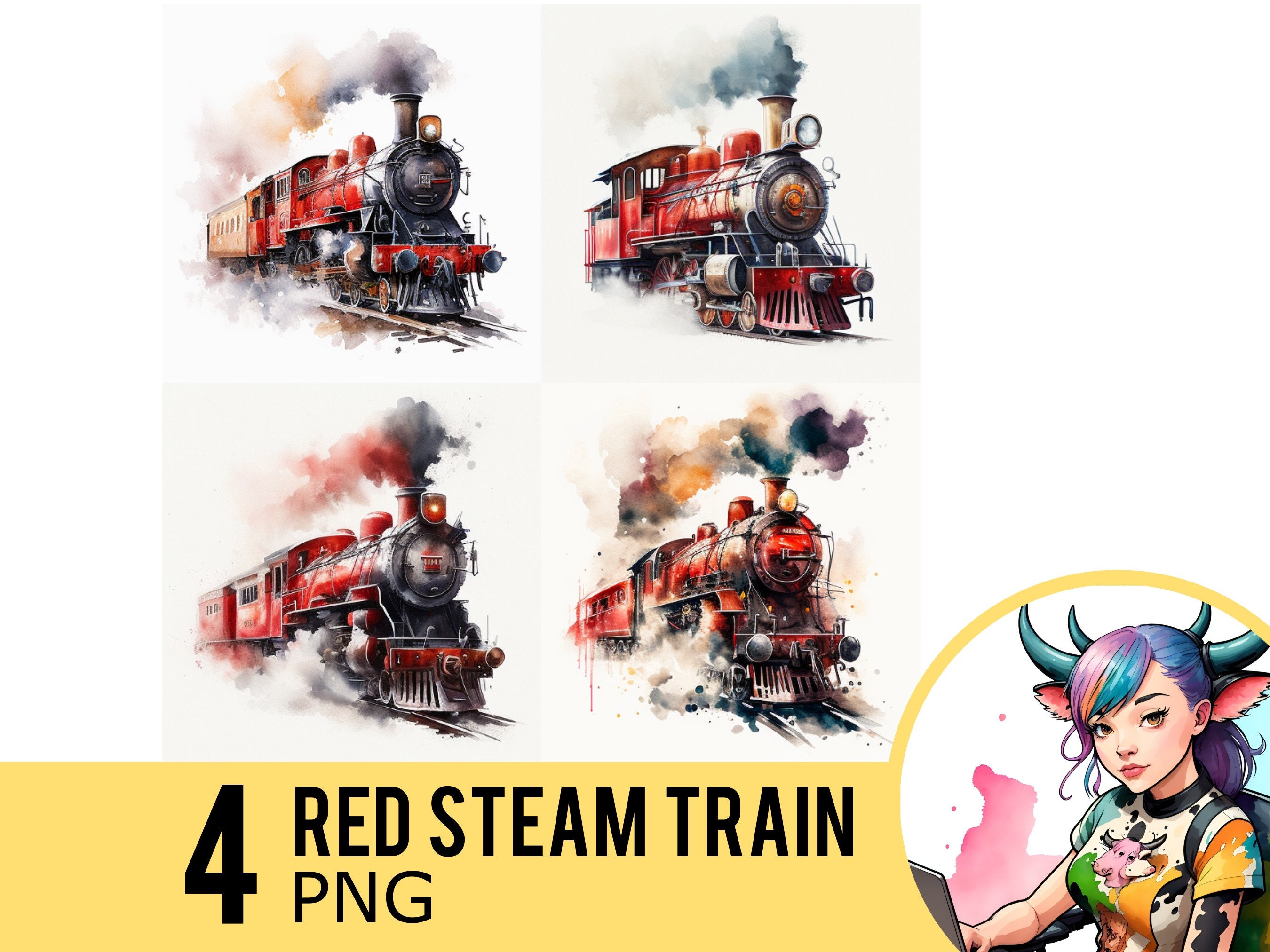 Red Steam Engine Watercolor PNG Clipart Locomotive Portrait - Etsy UK