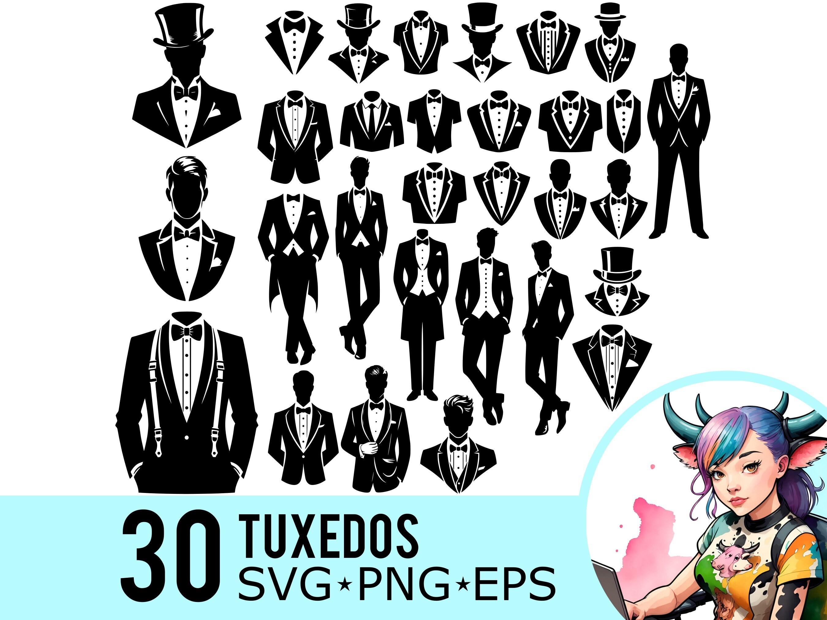 Tuxedo SVG PNG EPS Clipart, Groom Black Tie Tuxedos Silhouette, Suit ...