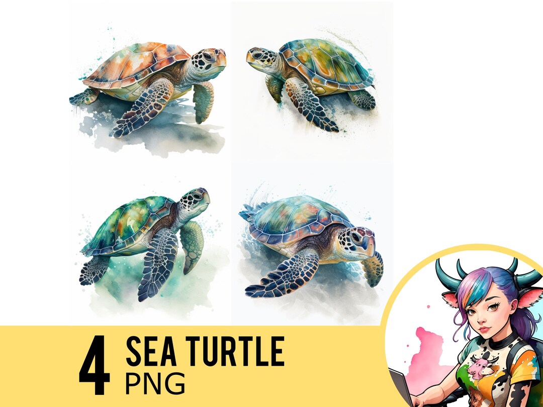 Sea Turtle Watercolor Clipart: 4 PNG Images, Commercial Use (digital ...