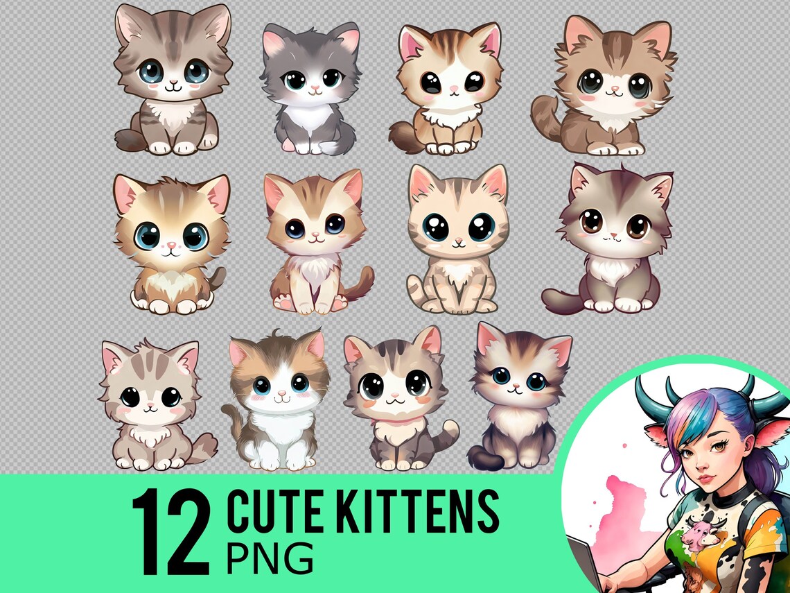 Cute Kitten Clipart PNG Kawaii Cat Clip Art Anime Cats - Etsy