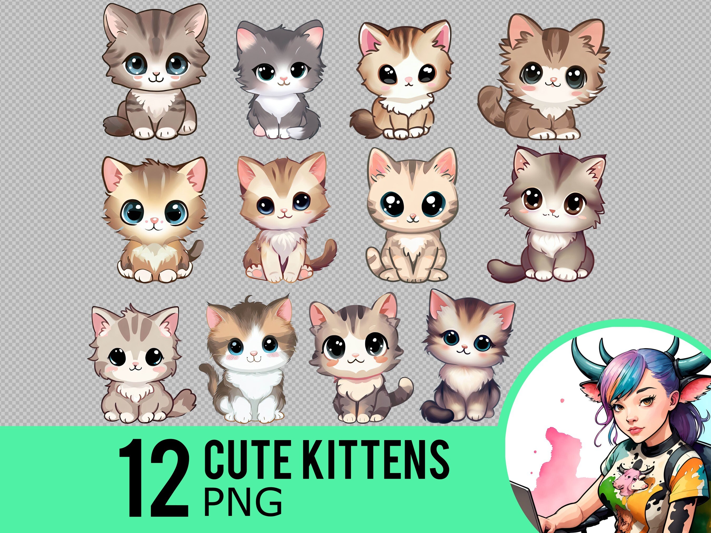 Cute Kitten Clipart PNG Kawaii Cat Clip Art Anime Cats - Etsy