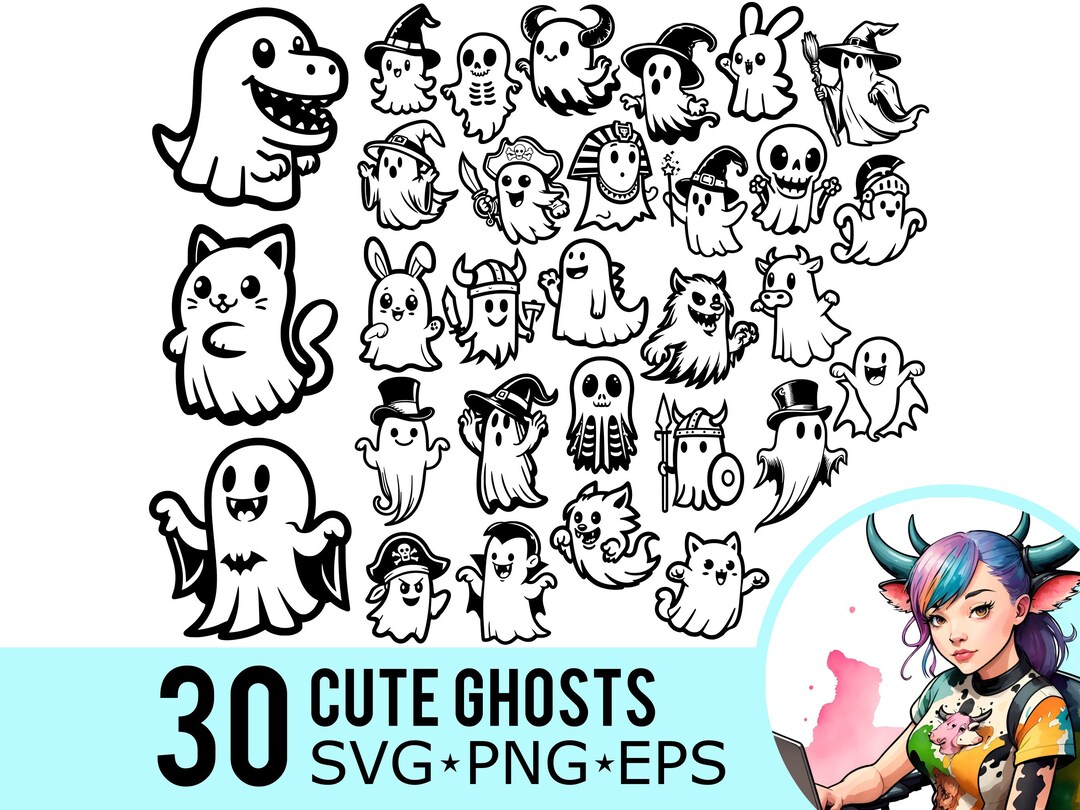 Cute Ghosts SVG PNG EPS Clipart, Halloween Cat Pirate Witch Werewolf ...