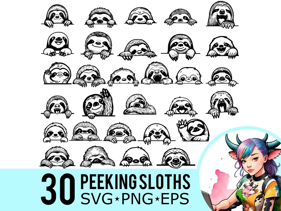Peeking Sloth SVG PNG EPS Clipart, Sloths Silhouette, Sloth Face ...