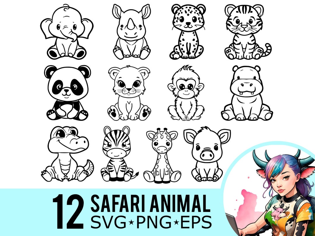 Safari Animal SVG PNG EPS Clipart, Cute Sitting Baby Lion Tiger Monkey ...