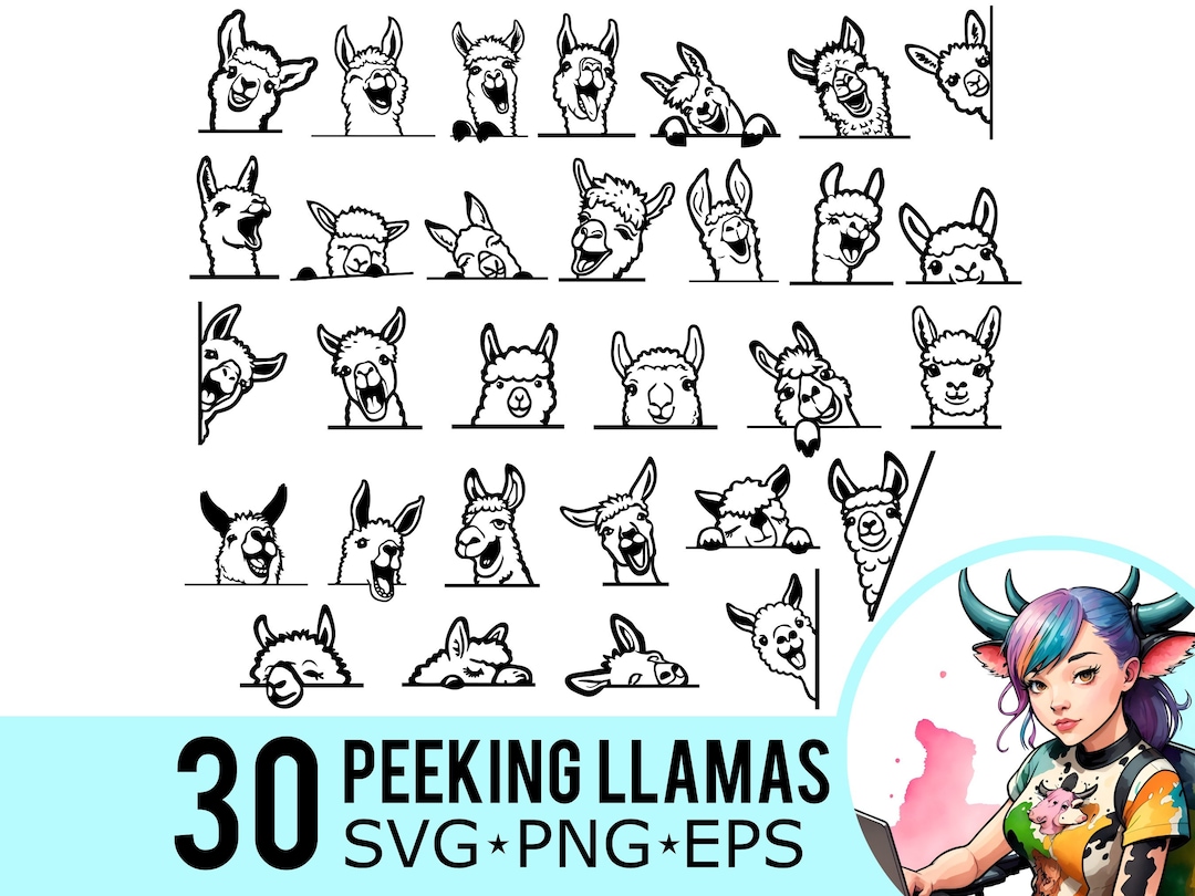Peeking Llama SVG Clipart: 30 Llama Face Templates (digital Download ...