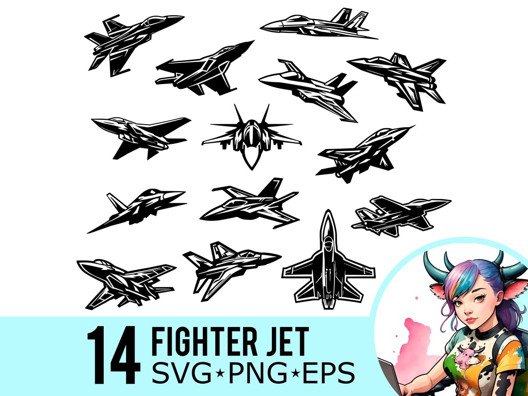 Fighter Jet SVG PNG EPS Clipart, Military Airplane Silhouette, Combat ...