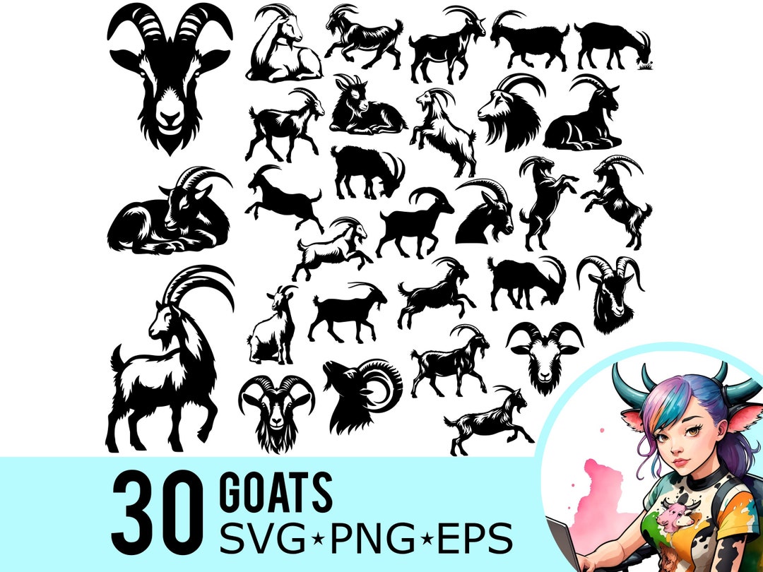 Goat SVG PNG EPS Clipart, Goats Silhouette, Farm Animal Template, Ibex ...