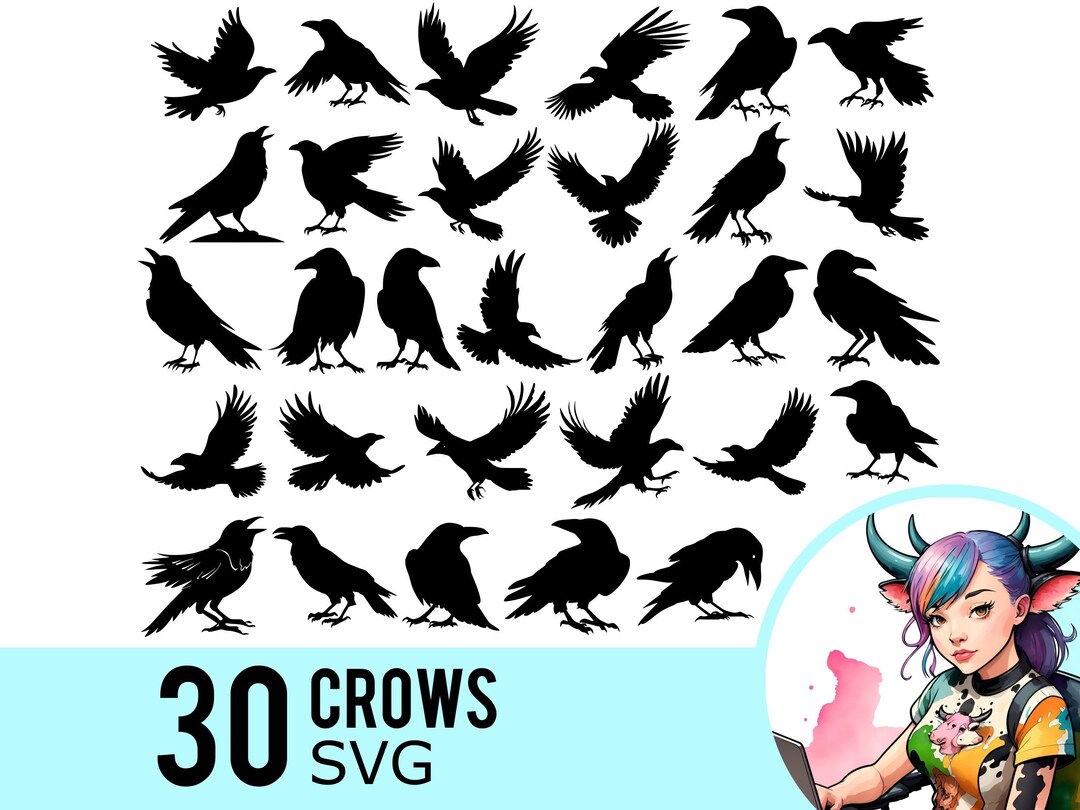 Crow SVG Clipart, Crows Silhouette, Halloween Gothic Raven Bird ...