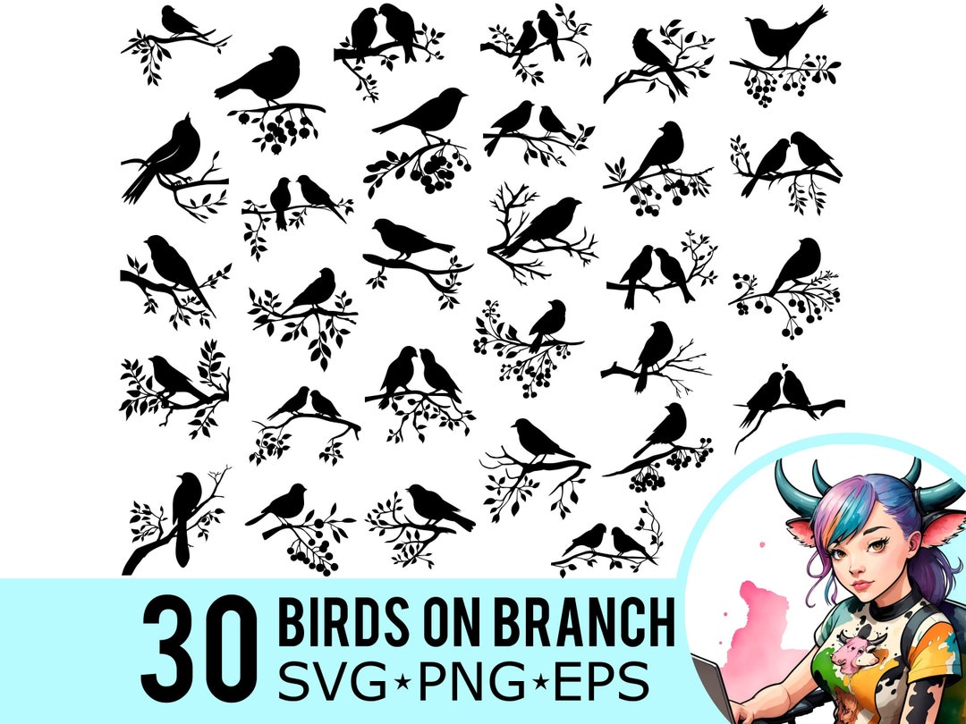 Birds on Branch SVG PNG EPS Clipart, Love Birds Silhouette, Tree Branch ...