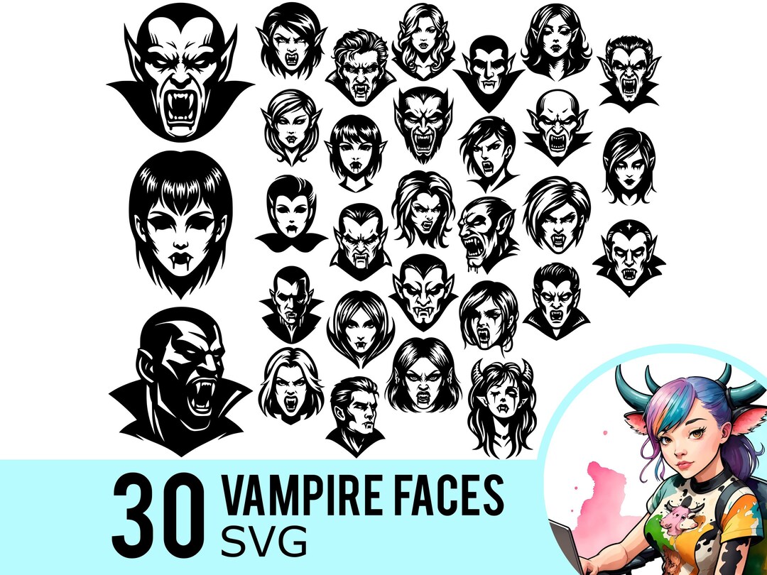 Vampire Face SVG Clipart, Vampires Faces Silhouette, Halloween Horror ...
