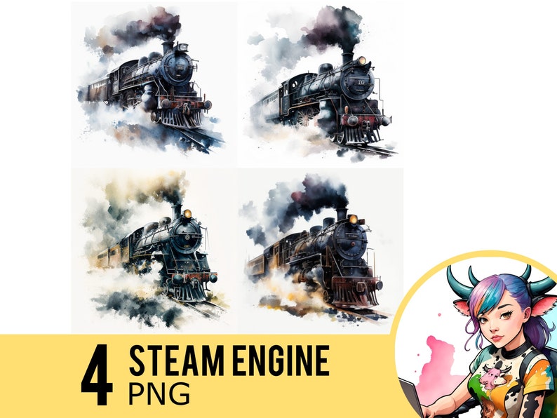 Steam Train Watercolor PNG Clipart Black Engine Portrait PNG - Etsy